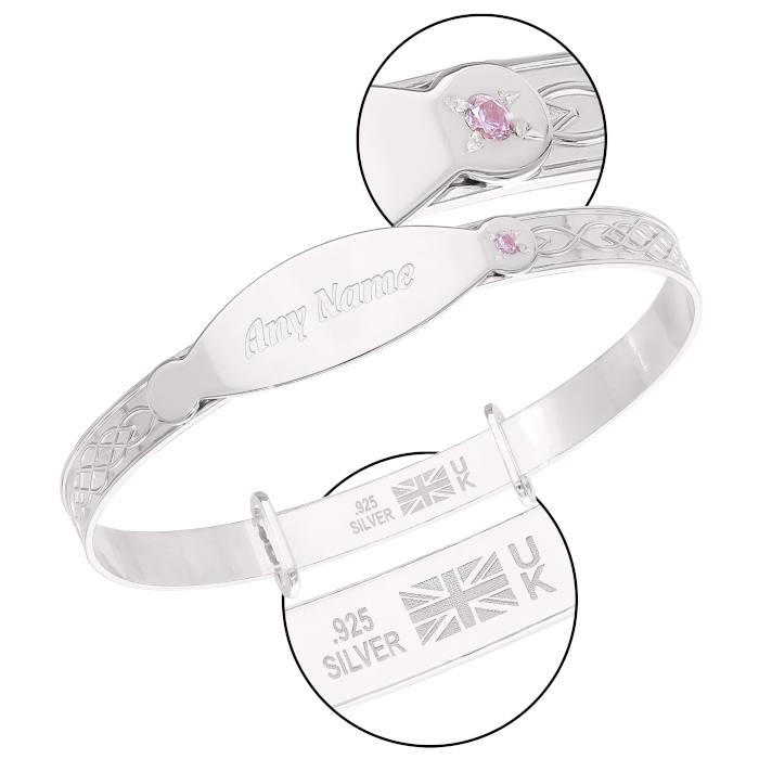 Personalised Sterling Silver Baby Girl Bangle with pink stone (0-5+yrs)